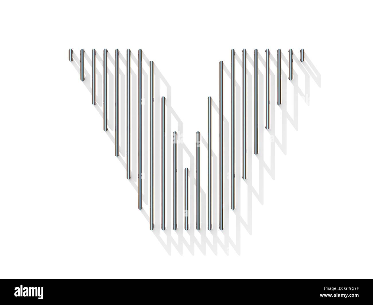 Silver, steel wire font. Letter V with vertical shadows. 3D render ...