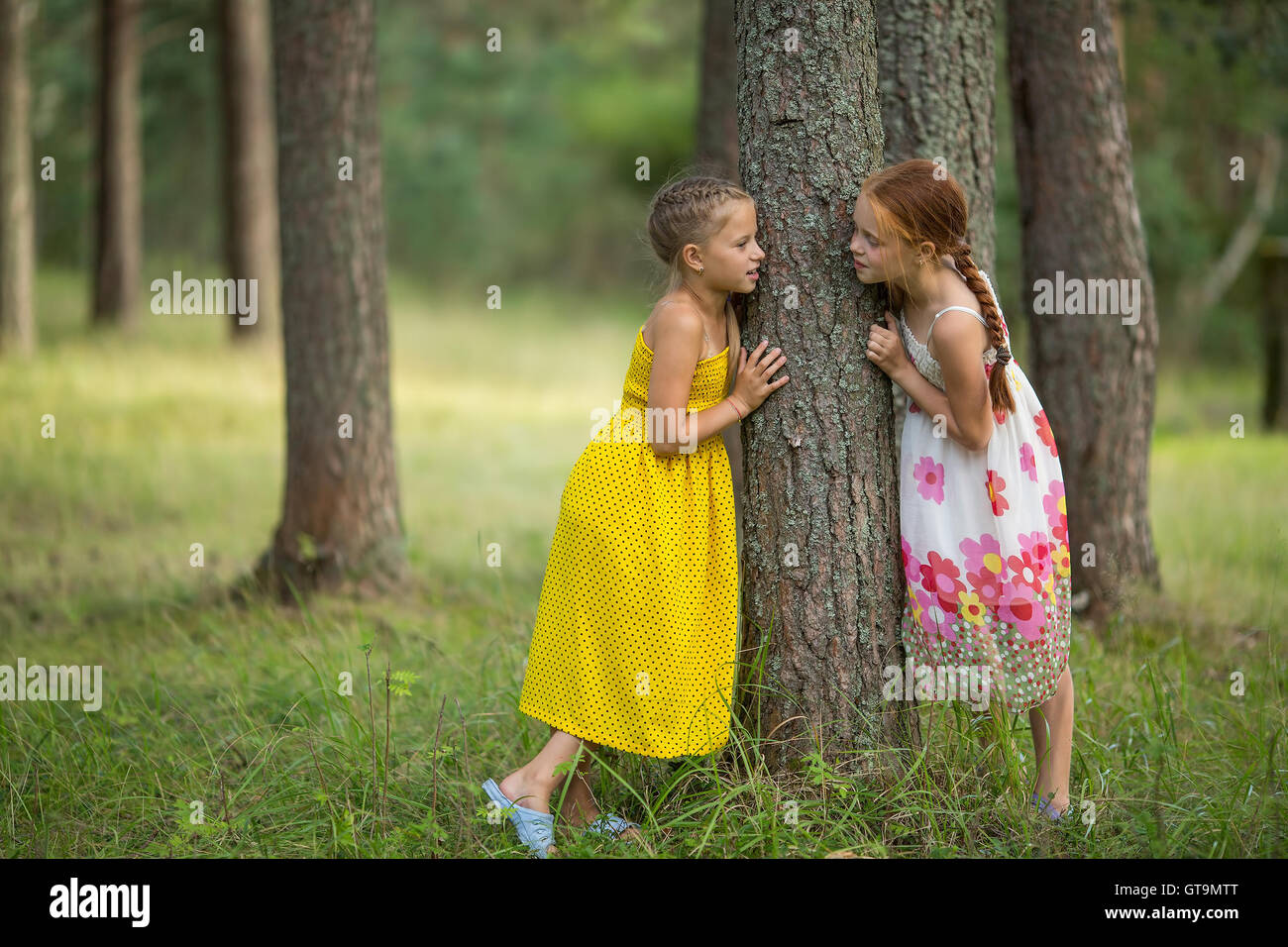 Two little sisters standing talking near a tree in the Park Stock Photo ...