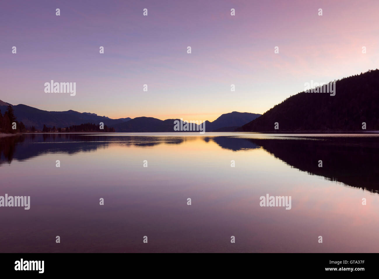 Mountain Landscape Reflected in Lake Walchensee at Dawn, Kochel am See, Upper Bavaria, Bavaria ...