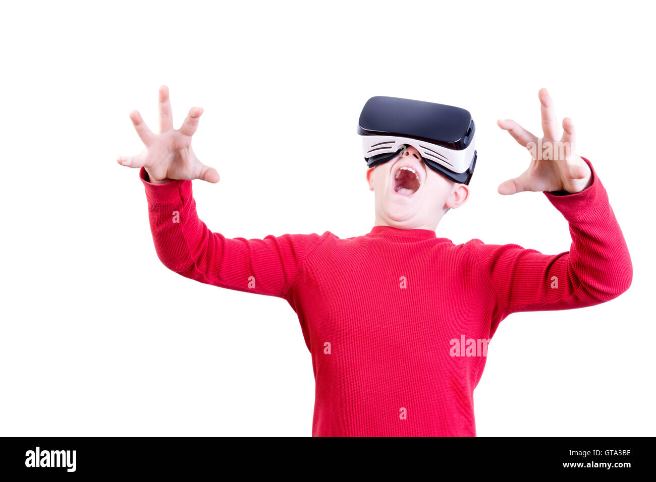 Amazed young child wearing red shirt experiencing a shocking explosion ...