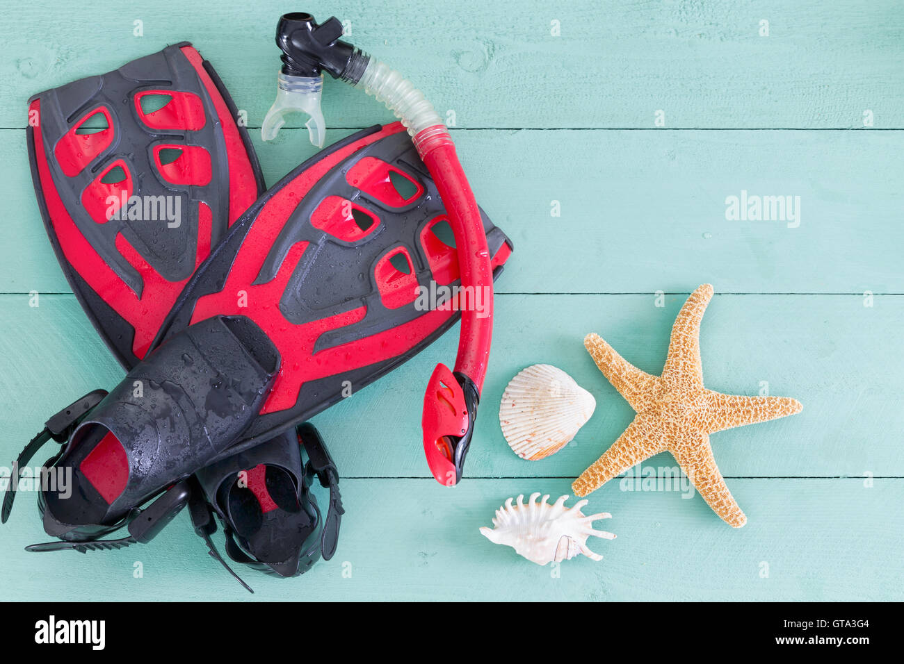 Pair of red and black adult flippers and mouthpiece for skindiving with ...