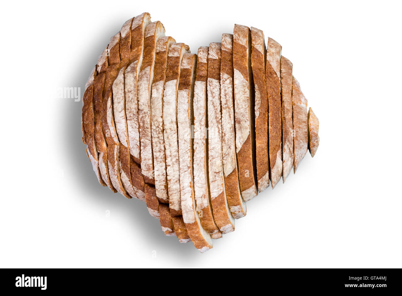 High quality sliced bread in shape of heart over white background for ...