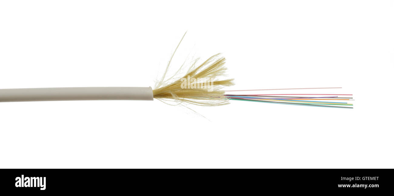 Fiber optic, optical cable detail isolated on white background. Loose ...