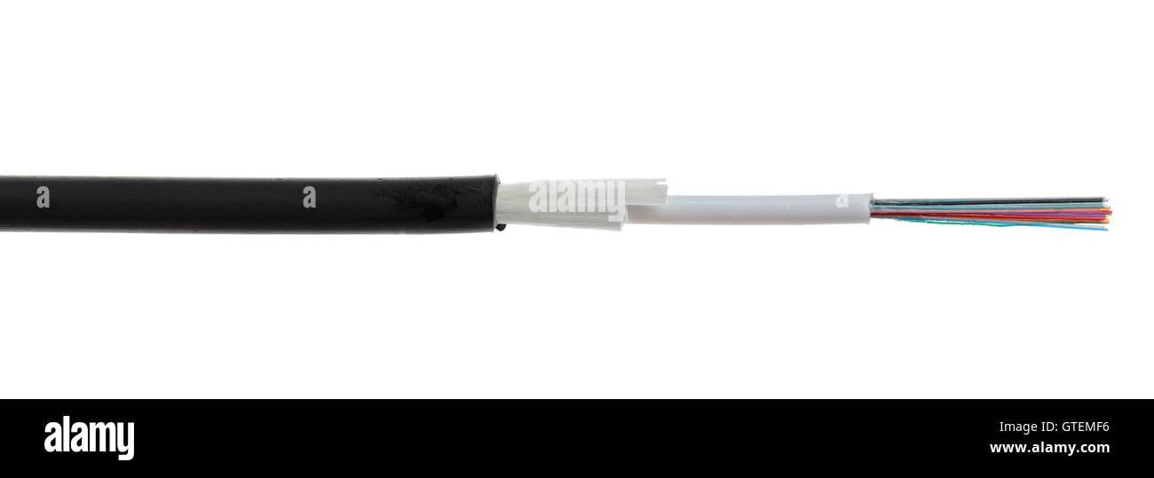 Fiber optic, optical cable detail isolated on white background. Loose ...