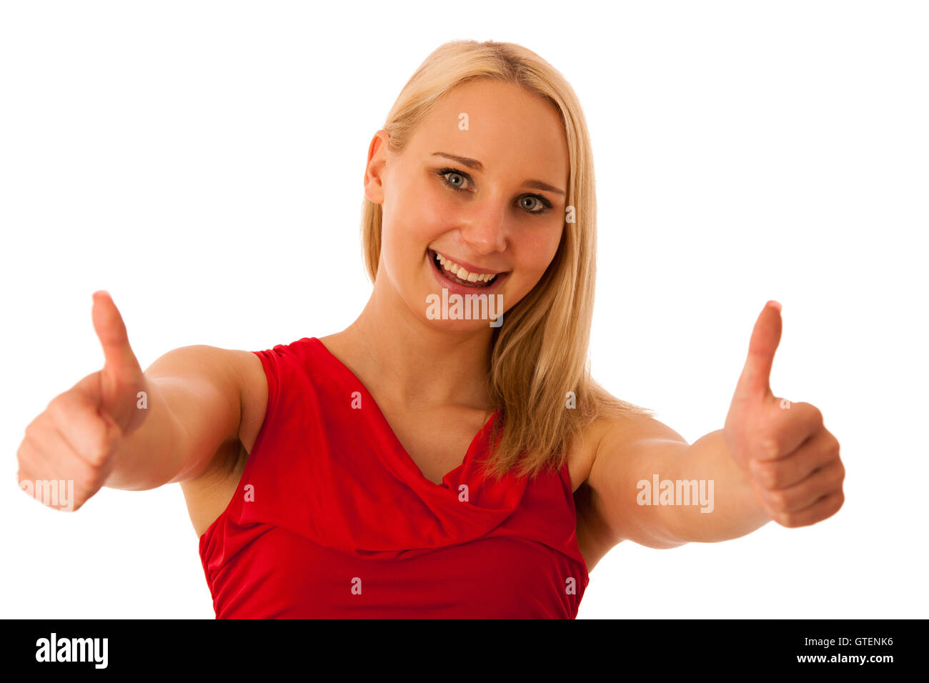 Business woman gestures success with thumbs up Stock Photo - Alamy