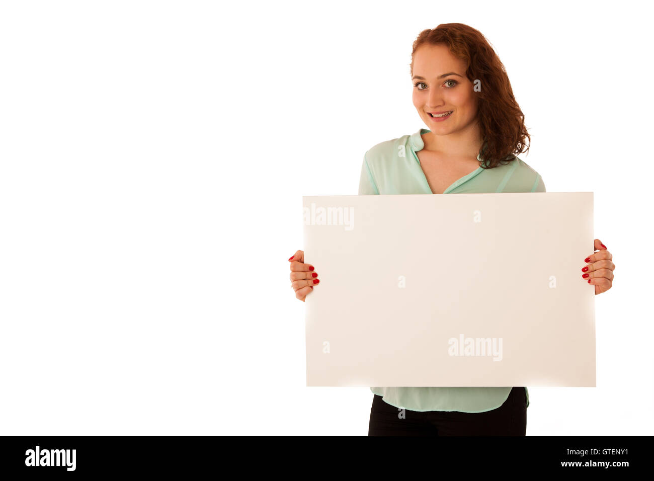 Sign board. Woman holding big white blank card. Positive emotional ...