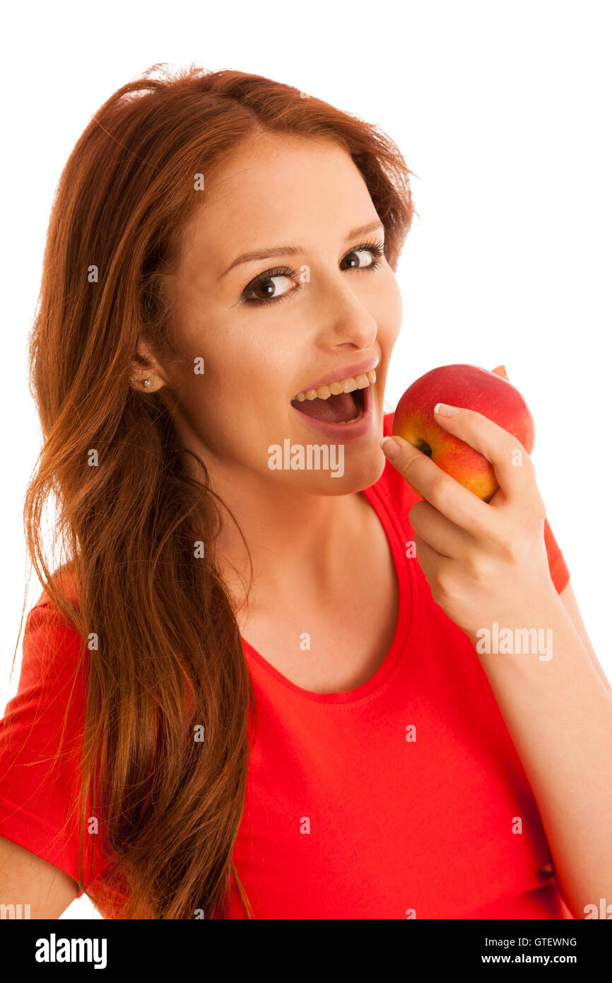 woman eating red apple isolated over white backgoround Stock Photo - Alamy