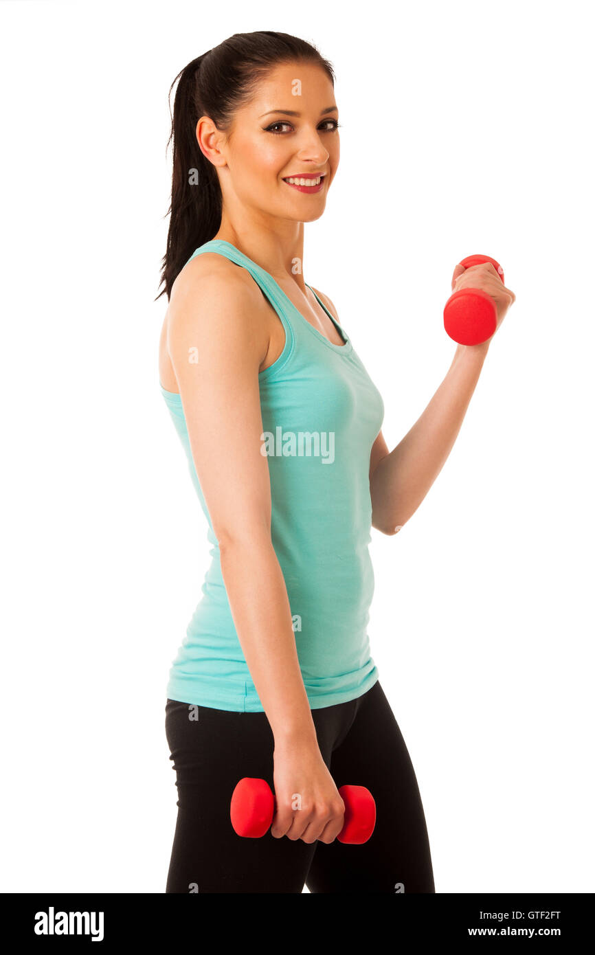 active woman with dumbbells workout in fitness gym isolated over white ...