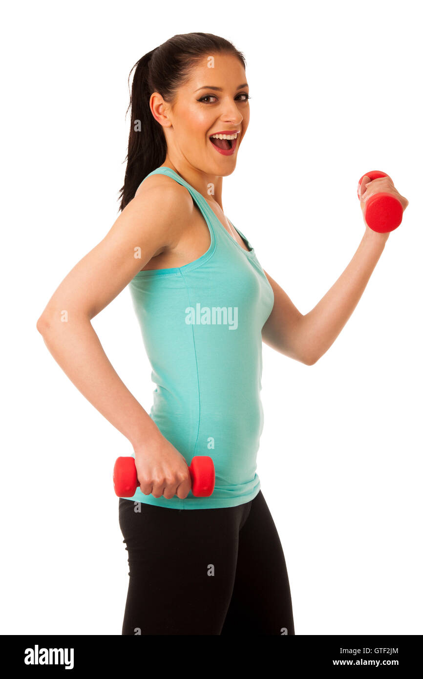 active woman with dumbbells workout in fitness gym isolated over white ...