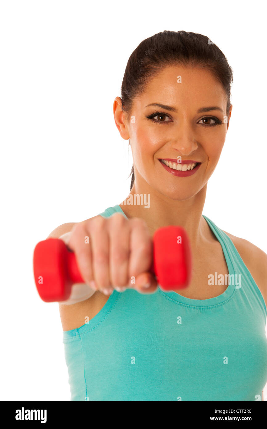 active woman with dumbbells workout in fitness gym isolated over white ...