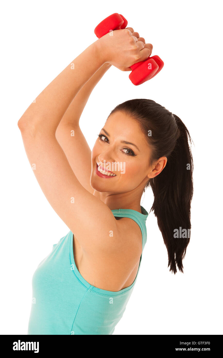 active woman with dumbbells workout in fitness gym isolated over white ...