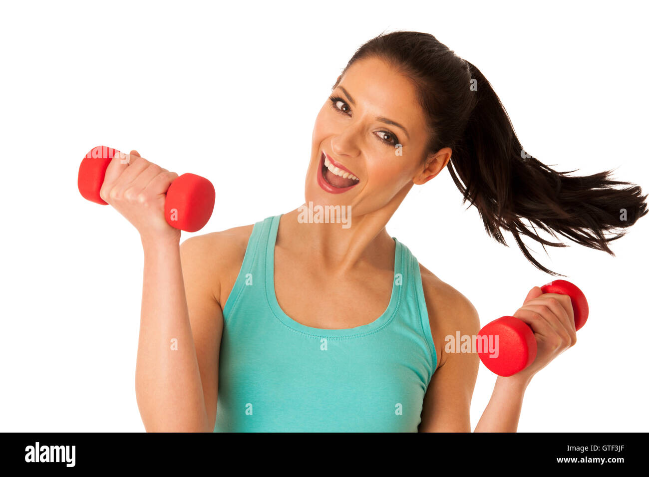 active woman with dumbbells workout in fitness gym isolated over white ...