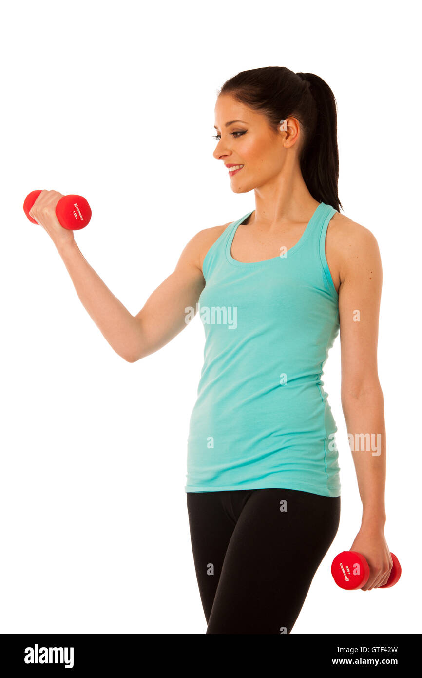 active woman with dumbbells workout in fitness gym isolated over white ...