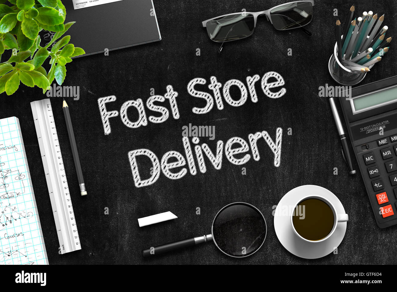 Fast Store Delivery on Black Chalkboard. 3D Rendering Stock Photo - Alamy