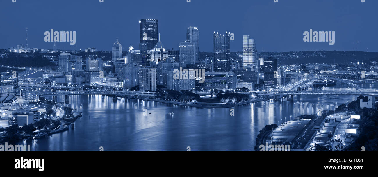 Panorama view of Pittsburgh skyline at night. A horizontal ...