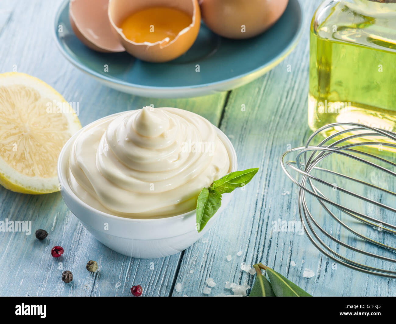 Natural mayonnaise ingredients and the sauce itself Stock Photo - Alamy