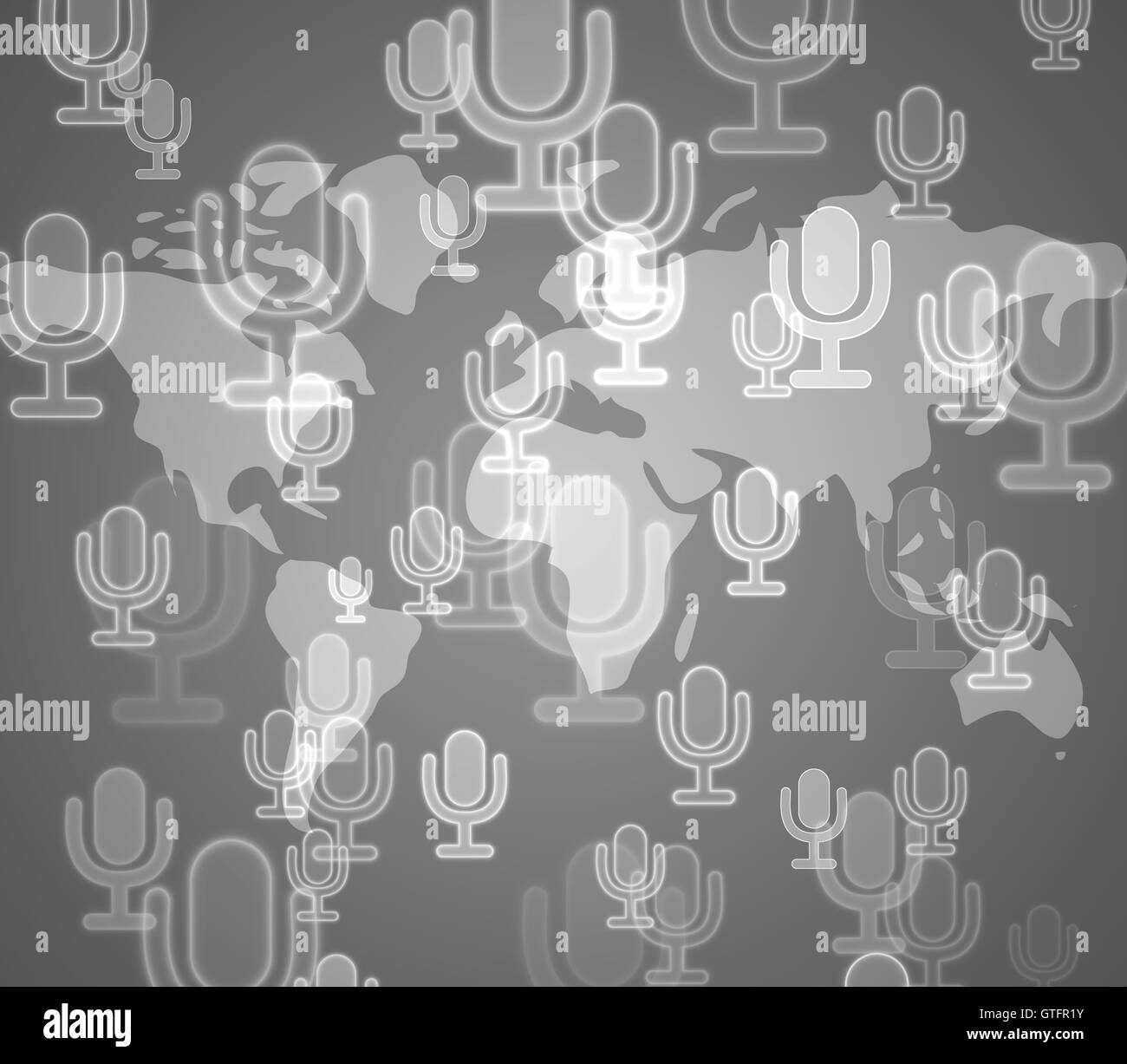 Microphone button on world map background Stock Photo - Alamy