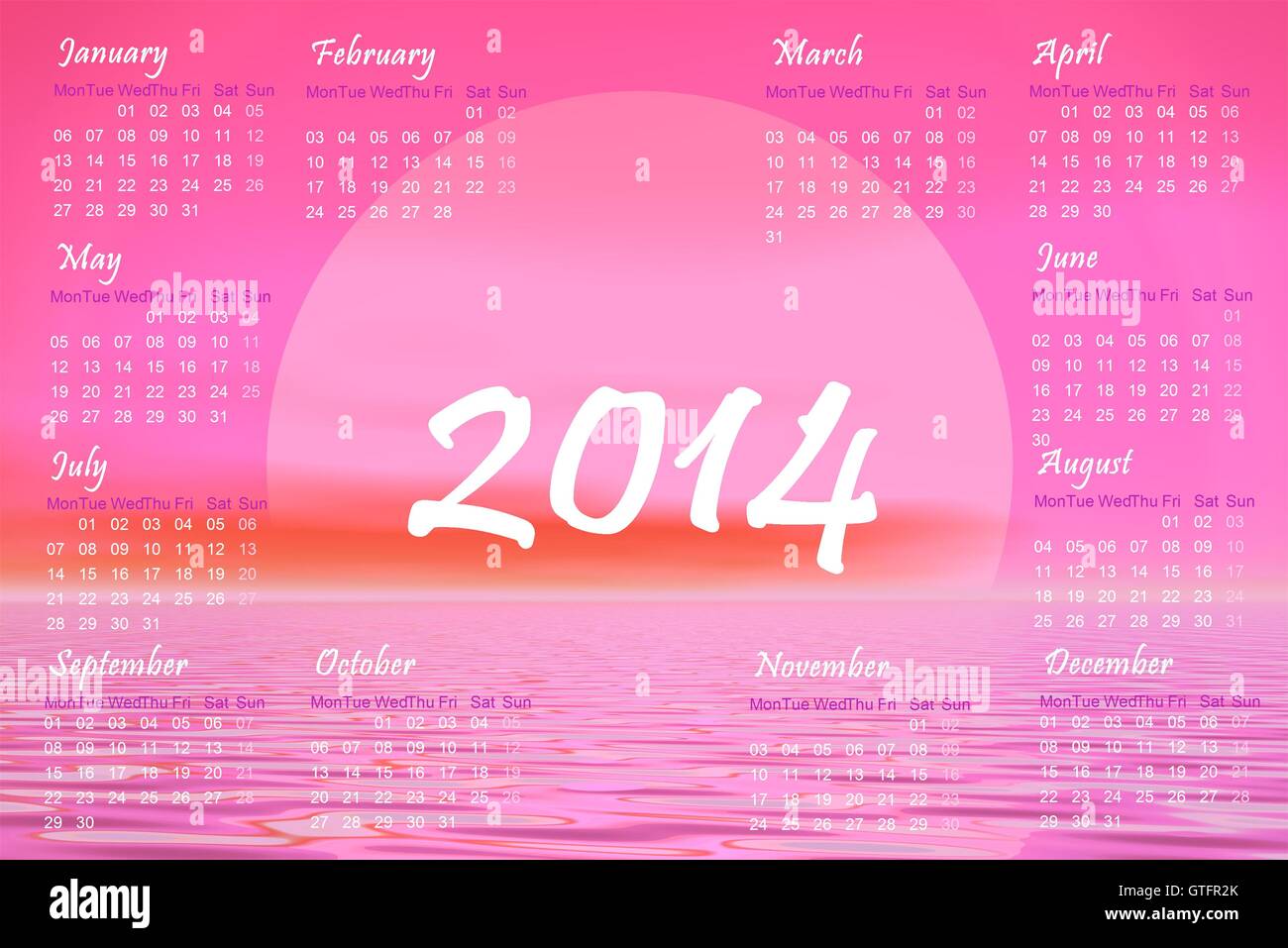 Pink sunset 2014 calendar - 3D render Stock Photo - Alamy