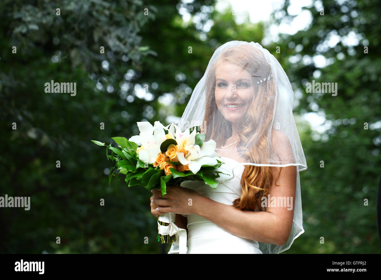 Beautiful red hair bride wearing wedding dress Stock Photo - Alamy