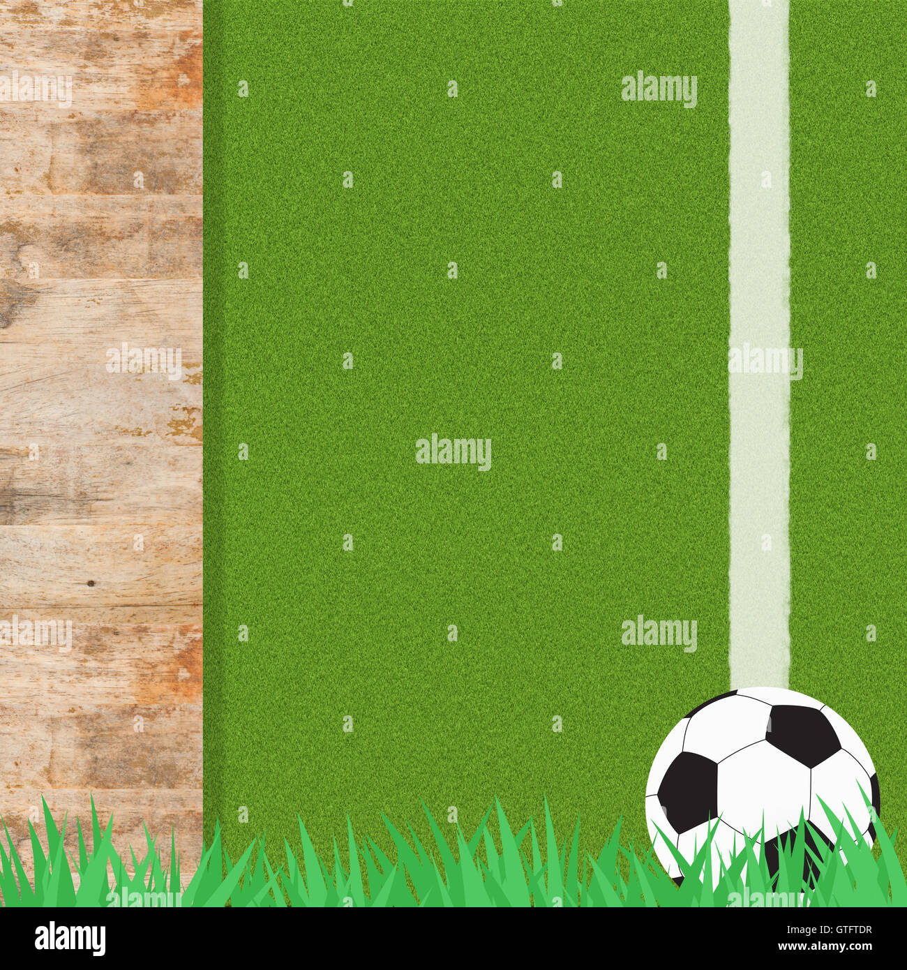 Football soccer on grass and wood background Stock Photo - Alamy