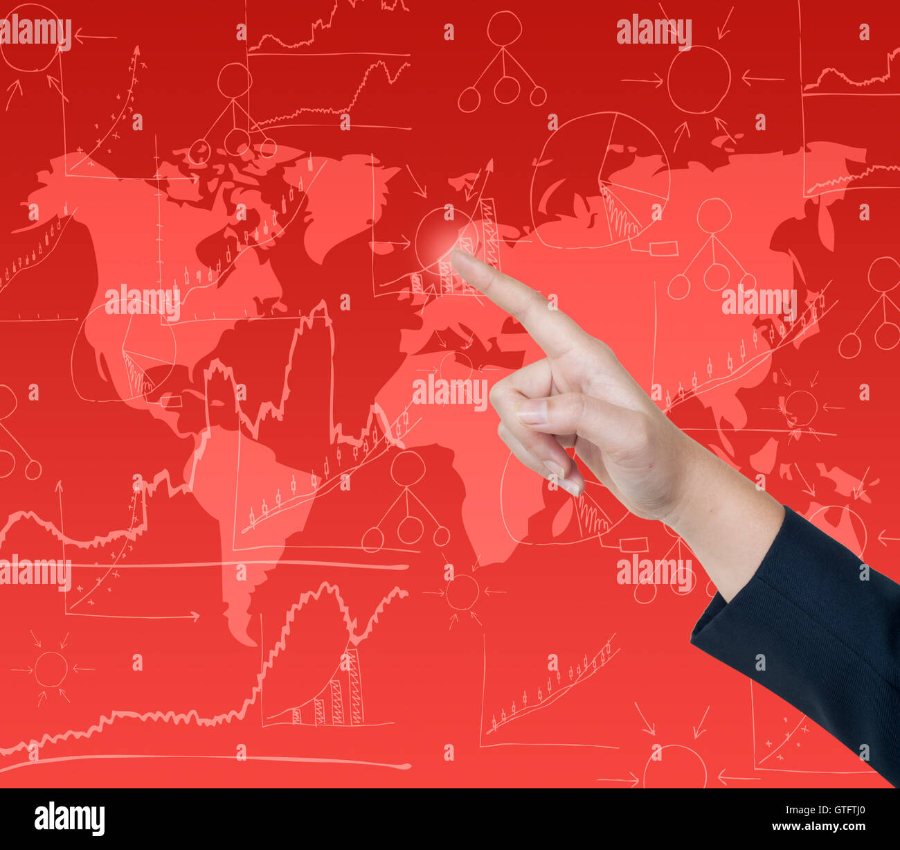 Hand pushing drawing business button Stock Photo - Alamy