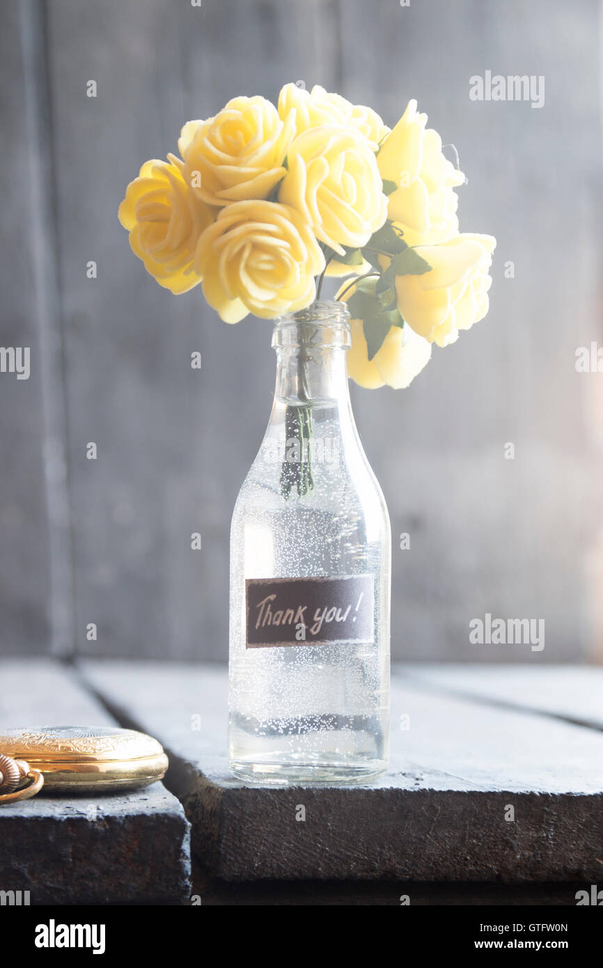 Bouquet with rose and lettering thank you. High key Stock Photo - Alamy