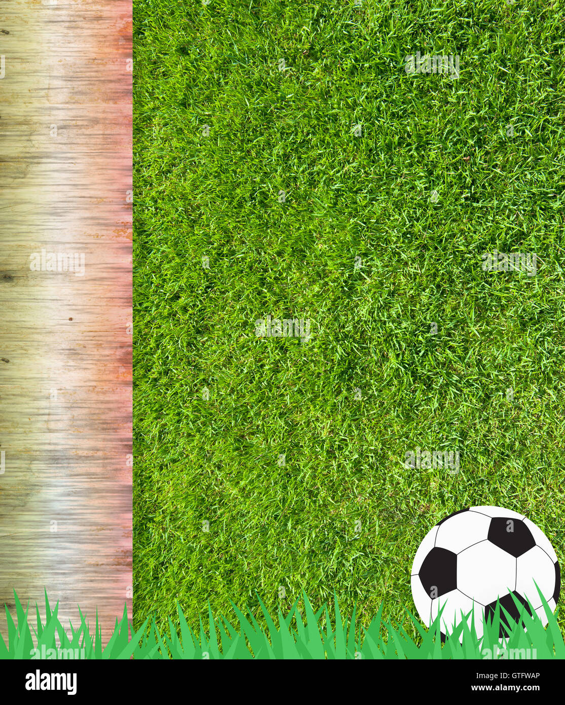 Football soccer on grass and wood background Stock Photo - Alamy