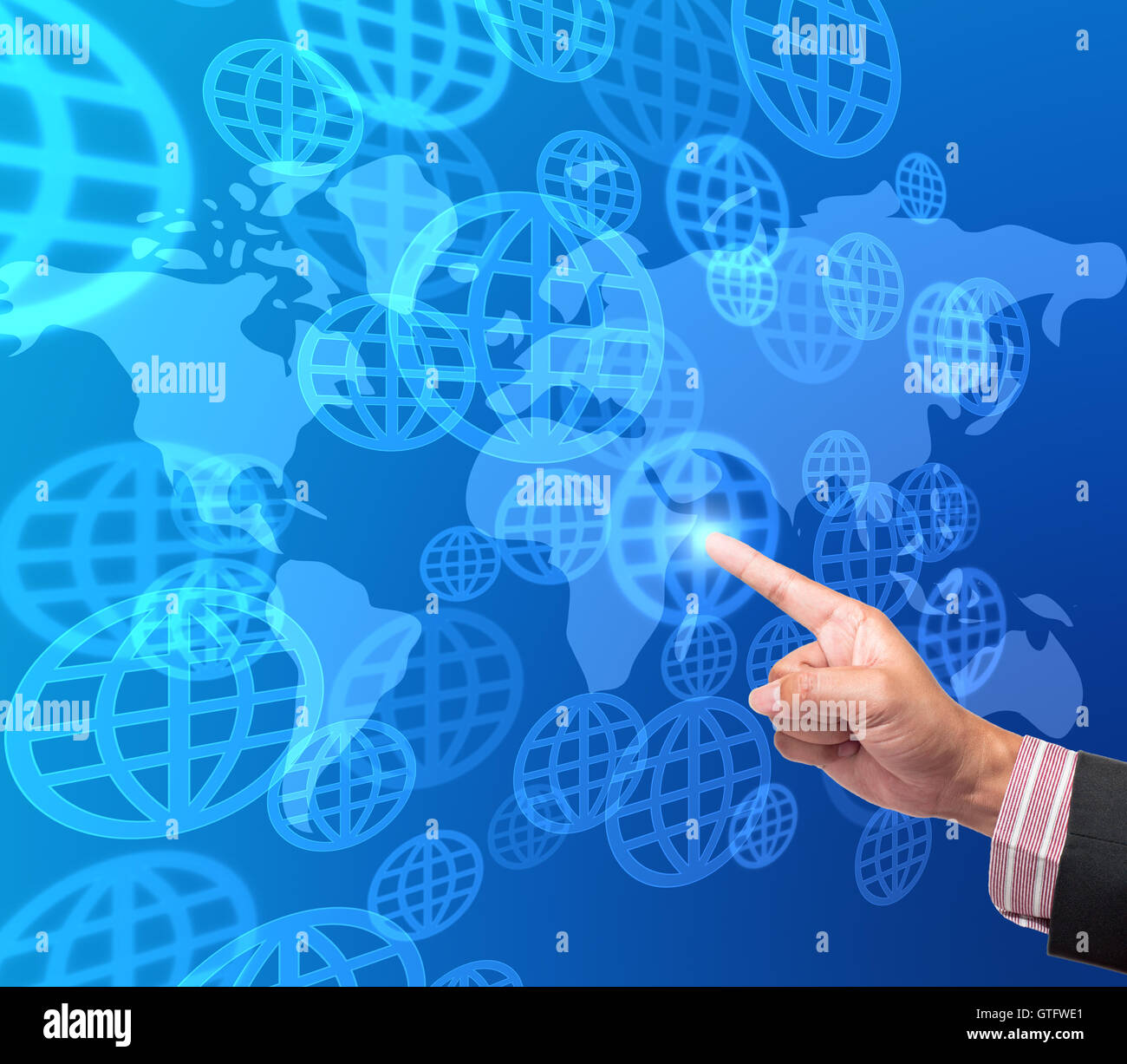 Hand pushing global button on a touch screen interface Stock Photo - Alamy