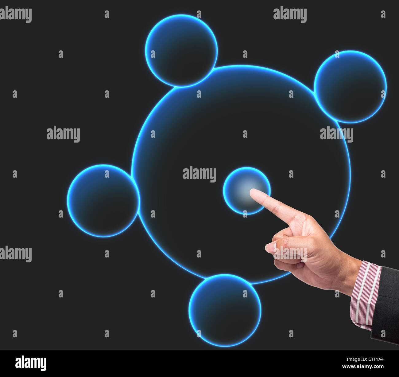 Hand pushing global button on a touch screen interface Stock Photo - Alamy