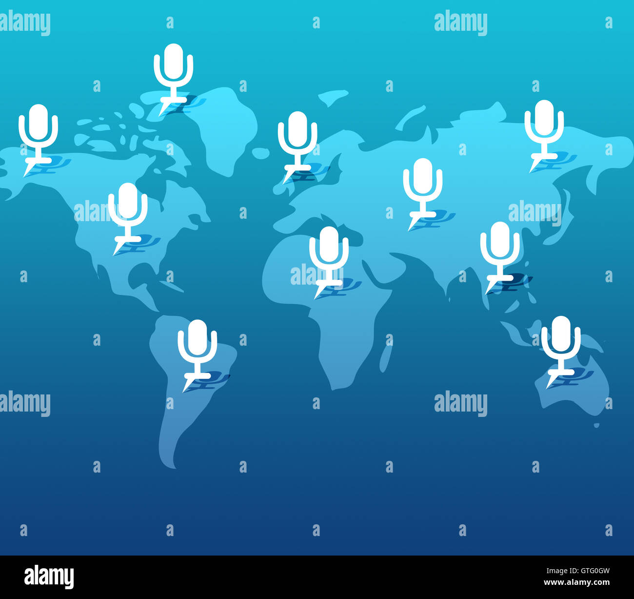Microphone button on world map background Stock Photo - Alamy