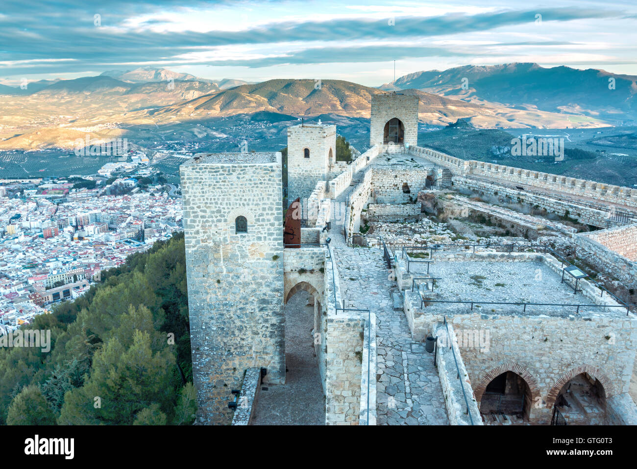 Wide angle image of jaen castle at sunset with city at background Stock ...