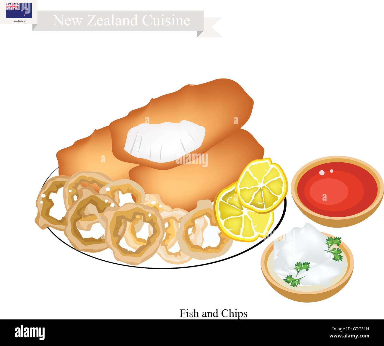 New Zealand Cuisine, Illustration of Traditional Fried Fish with Onion ...