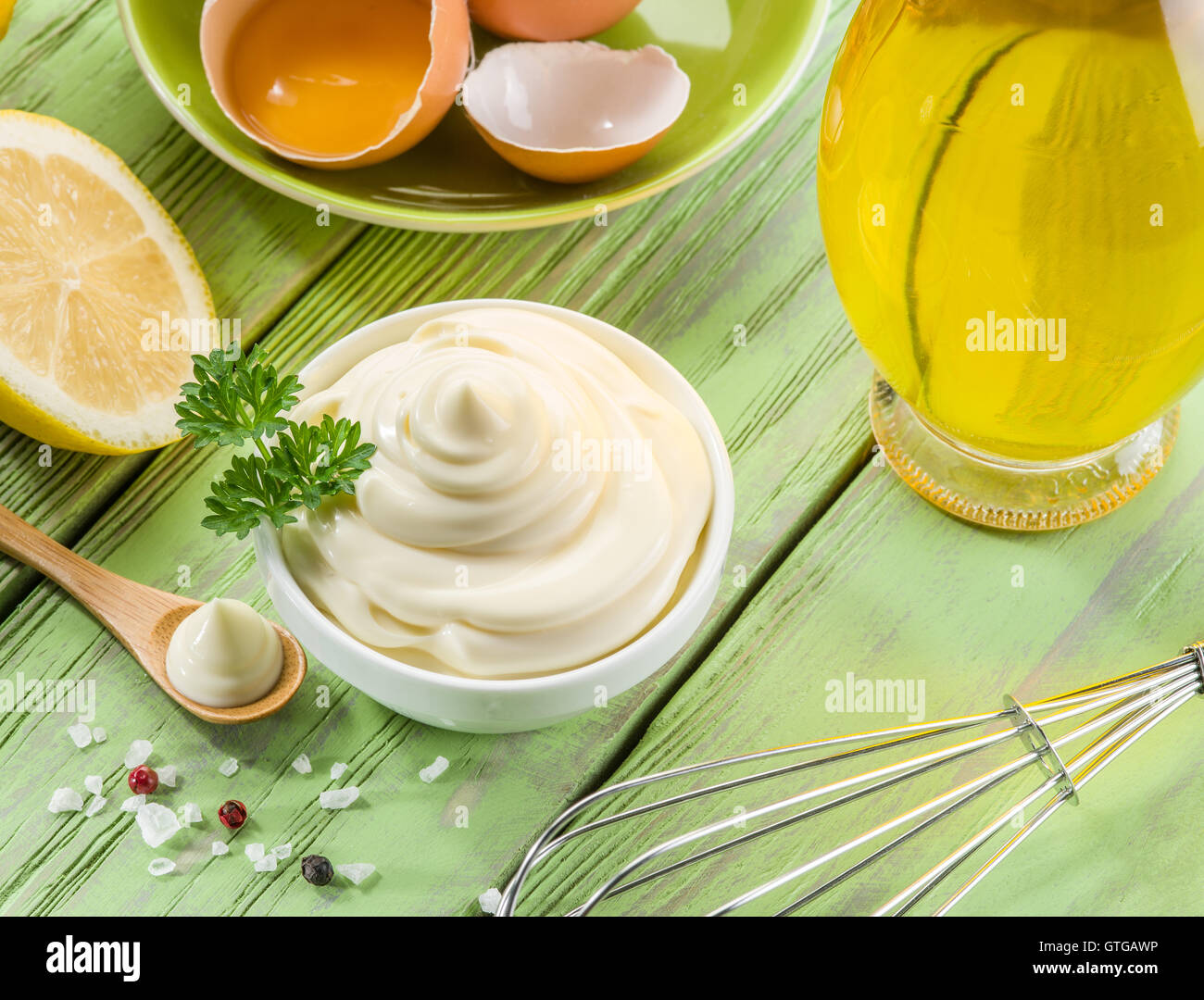Natural mayonnaise ingredients and the sauce itself Stock Photo - Alamy