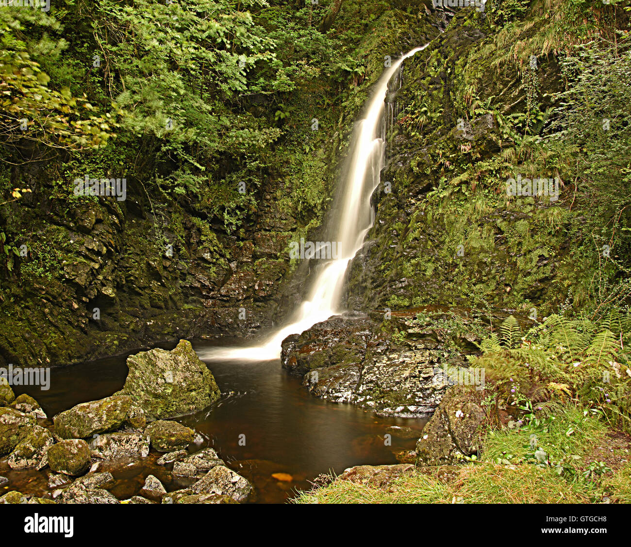 Grey Mares Tail Falls at Talnotry Galloway Forest Park Scotland Stock ...