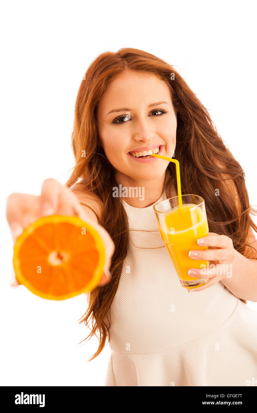 Woman Drinking Orange Juice Smiling Showing Oranges Young Beautiful
