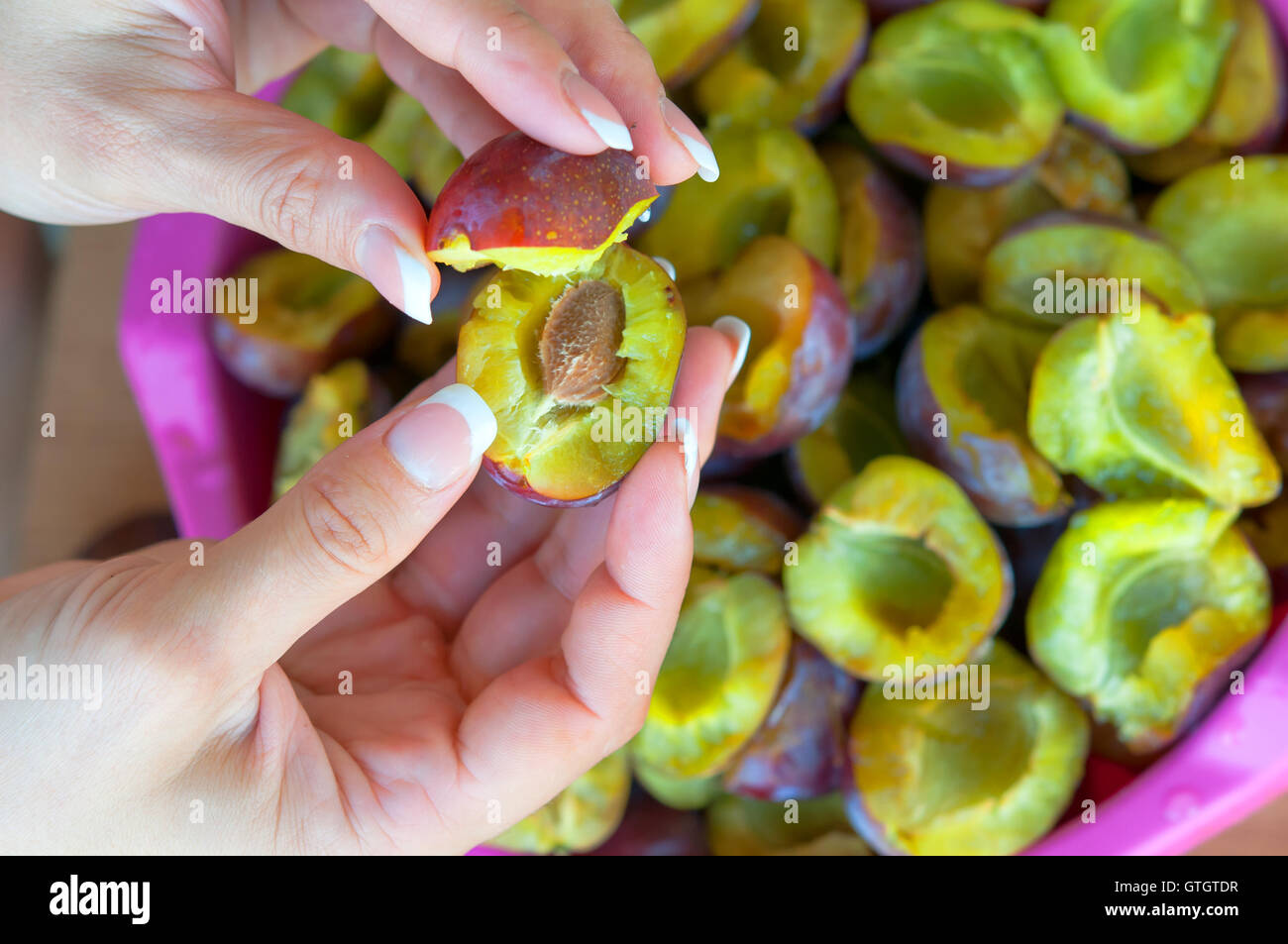 sweet plums in hand closeup Stock Photo - Alamy