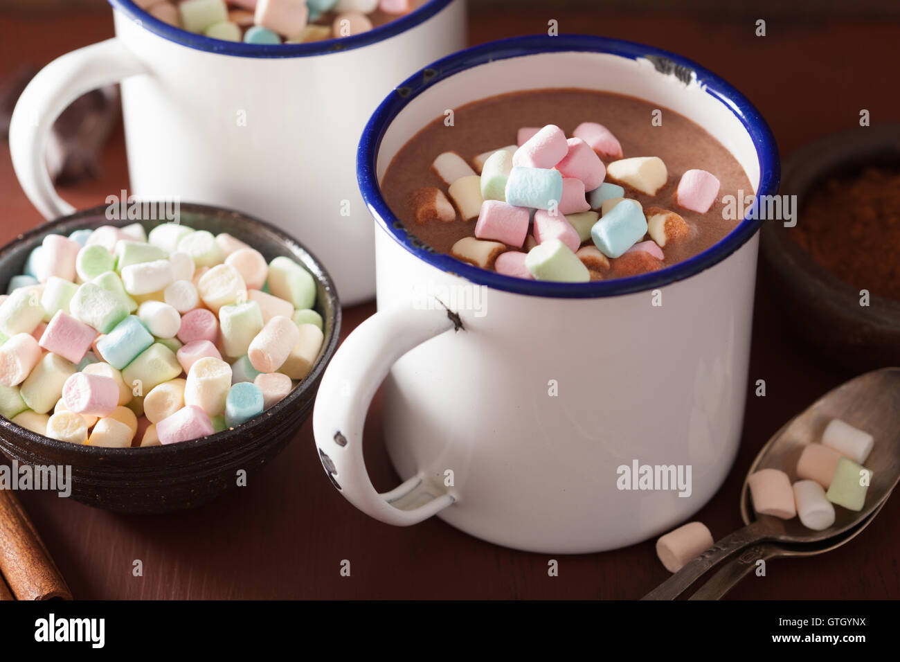 hot chocolate with mini marshmallows cinnamon winter drink Stock Photo ...