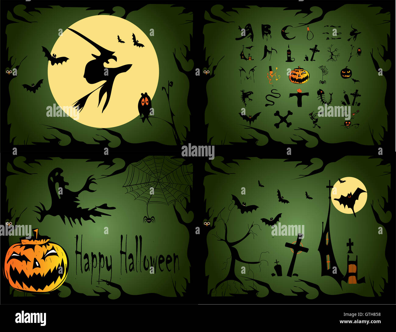 Happy Halloween 4 background with witch, pumpkins and ghosts Stock ...