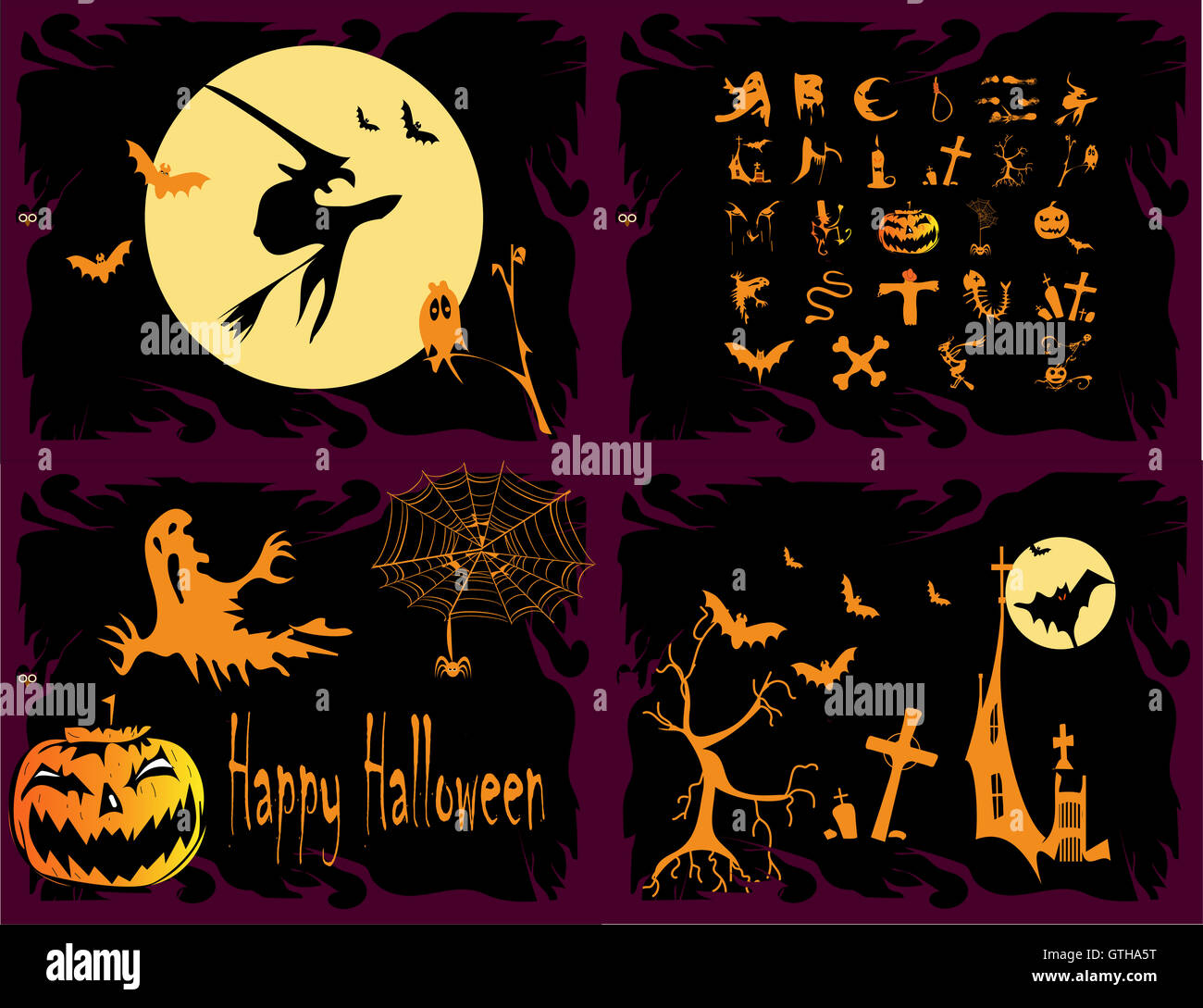 Happy Halloween 4 background with witch, pumpkins and ghosts Stock ...