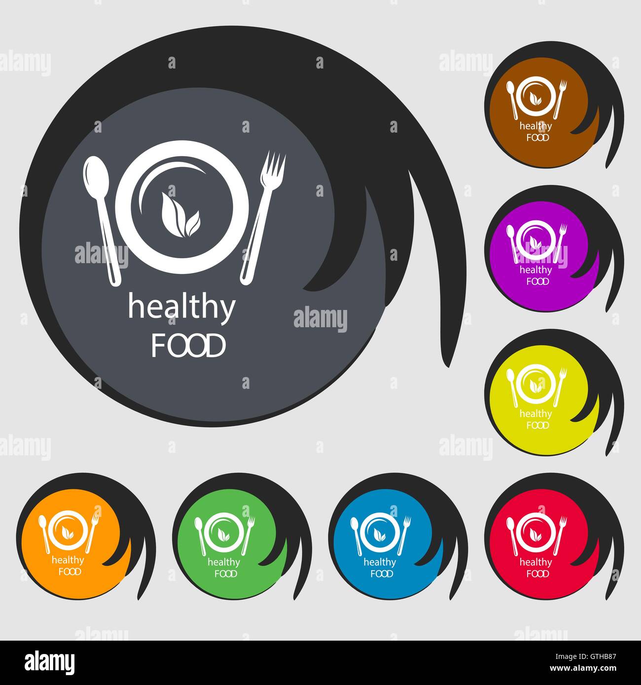 healthy food concept sign icon. Symbols on eight colored buttons ...