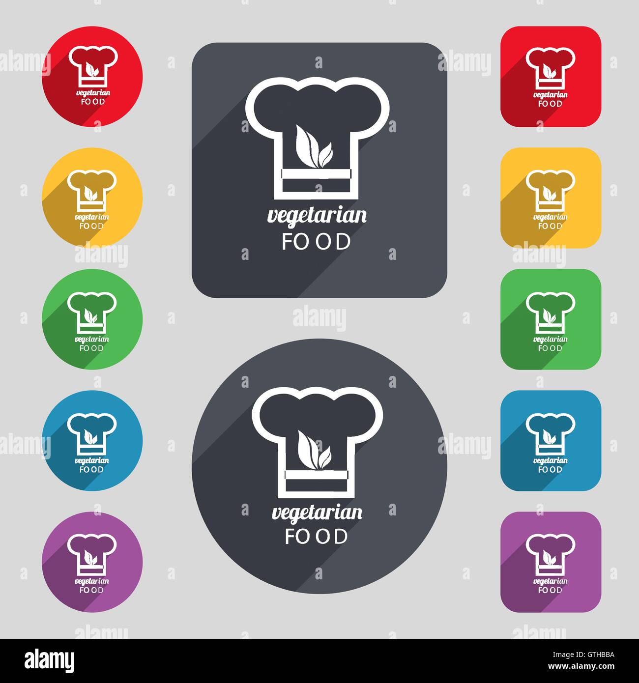 Vegan food graphic design icon sign. A set of 12 colored buttons and a ...