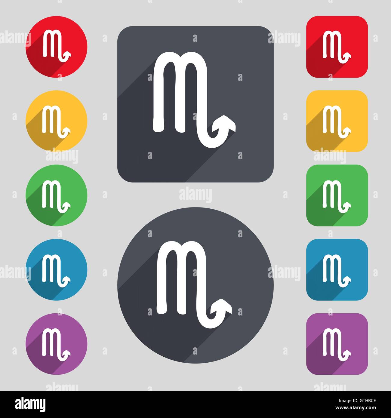 Scorpio icon sign. A set of 12 colored buttons and a long shadow. Flat ...