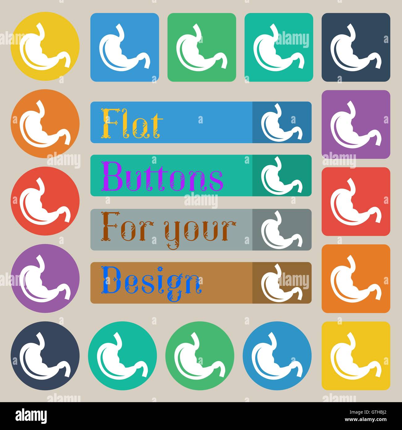 Stomach icon sign. Set of twenty colored flat, round, square and ...