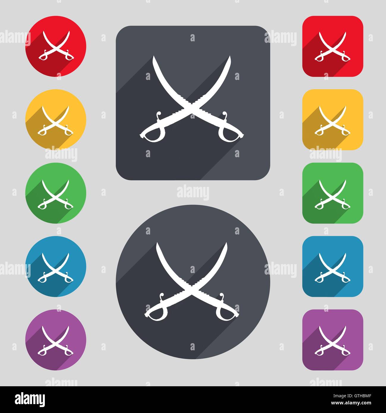 Crossed saber icon sign. A set of 12 colored buttons and a long shadow ...