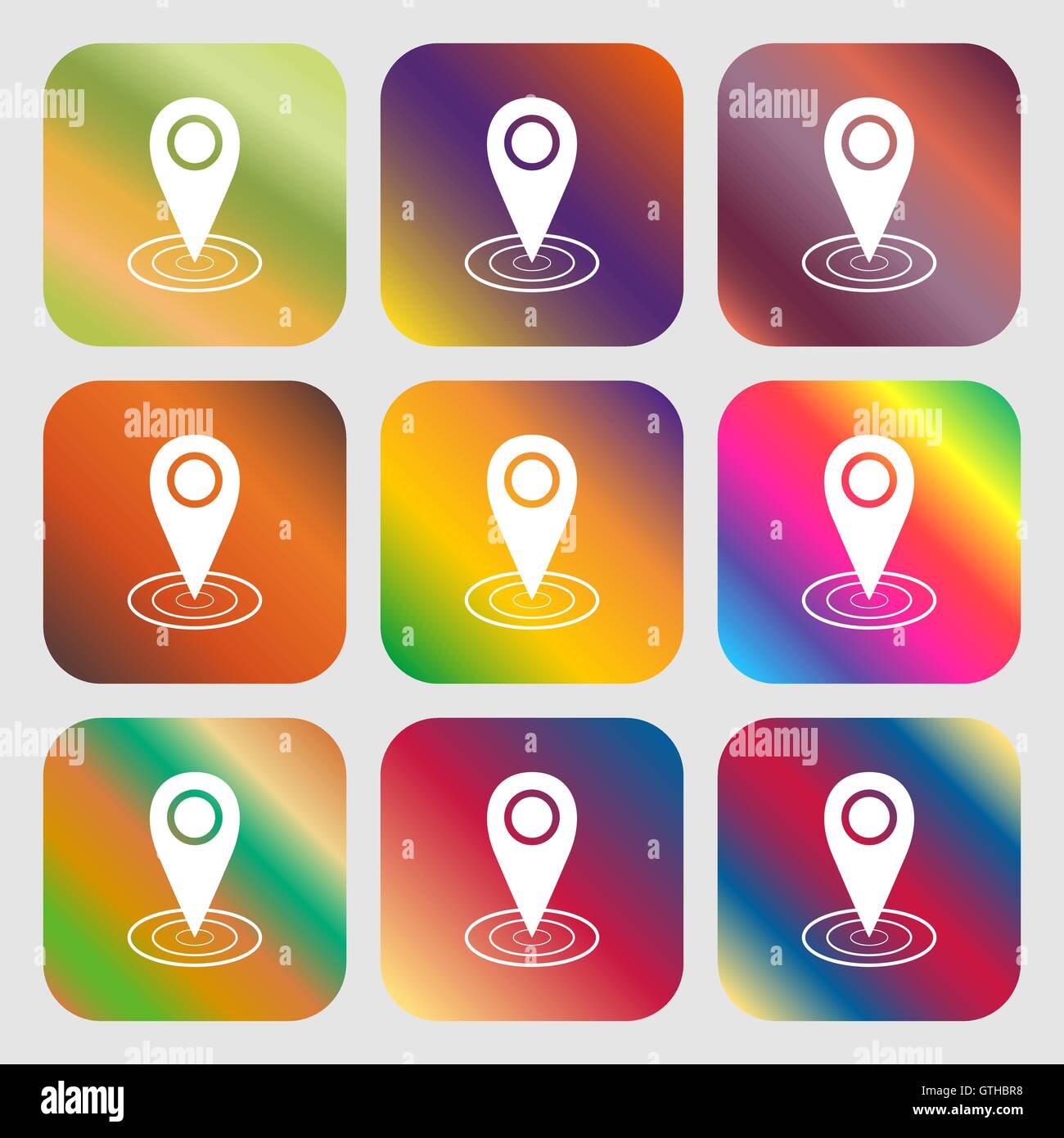 Map pointer icon sign . Nine buttons with bright gradients for ...