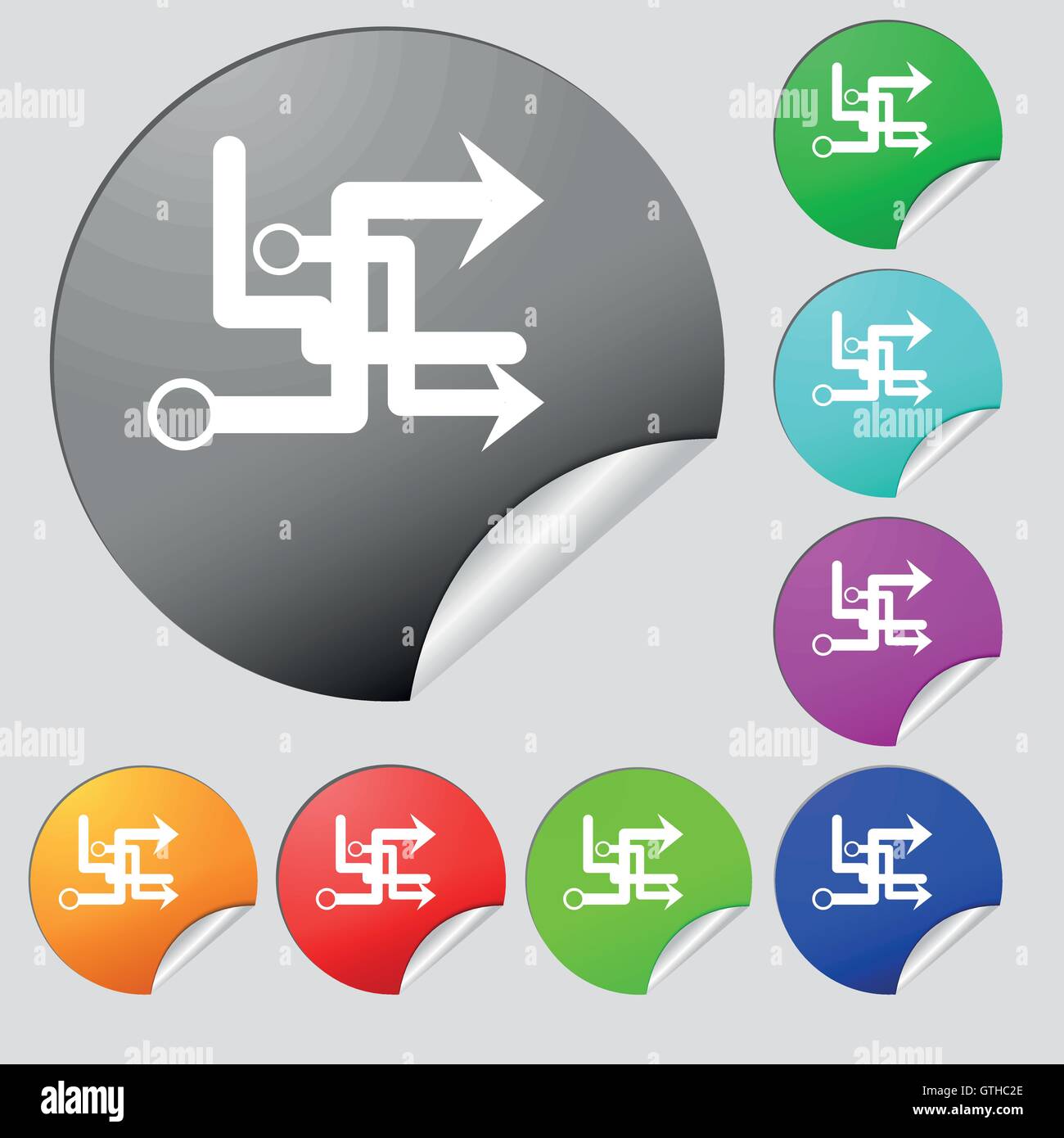 Transfer icon sign. Set of eight multi colored round buttons, stickers ...