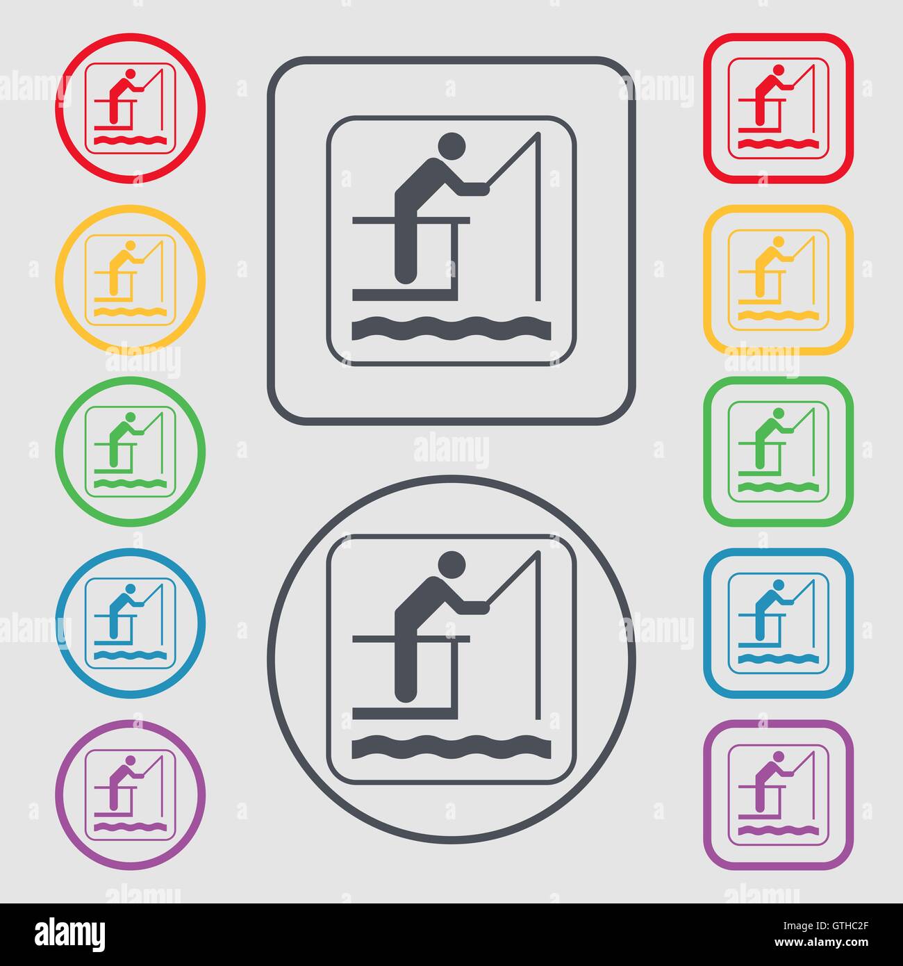fishing icon sign. symbol on the Round and square buttons with frame ...