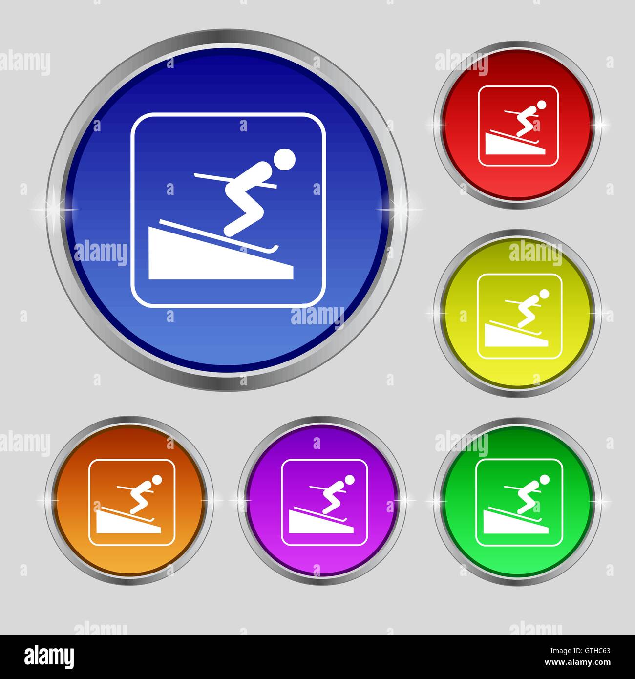 Skier icon sign. Round symbol on bright colourful buttons. Vector Stock ...