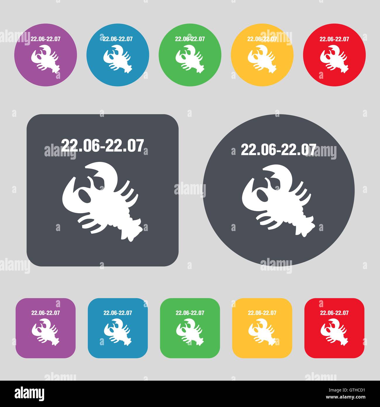 zodiac Cancer icon sign. A set of 12 colored buttons. Flat design ...