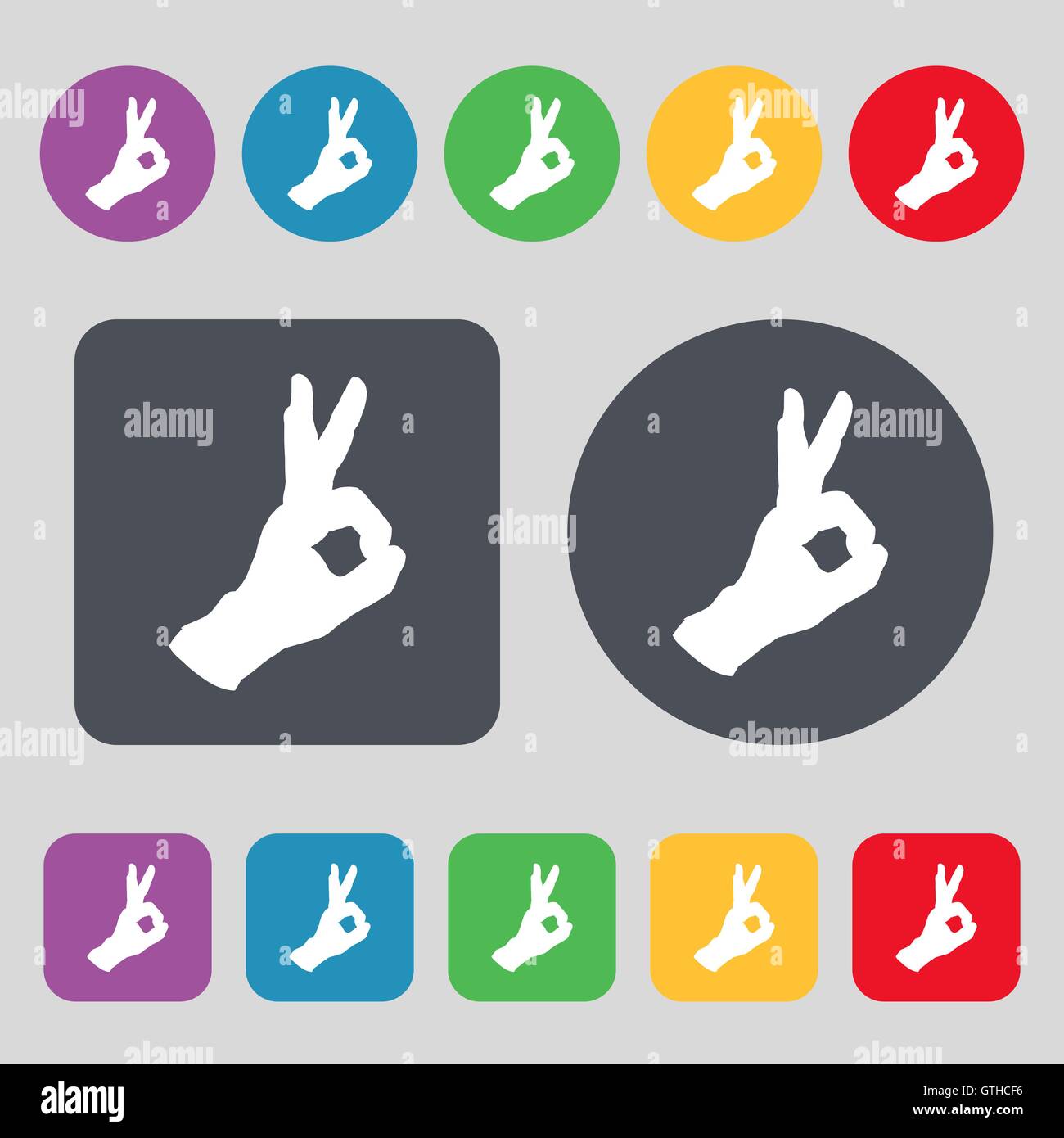 Gesture ok icon sign. A set of 12 colored buttons. Flat design. Vector ...
